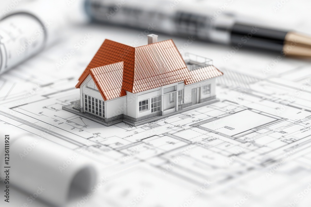 3D home design concept. A 3D model of a modern home is displayed on top ...