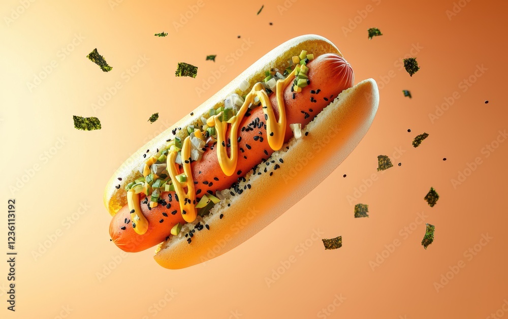 Japanese-style hot dog floating with teriyaki sauce, wasabi mayo, and ...