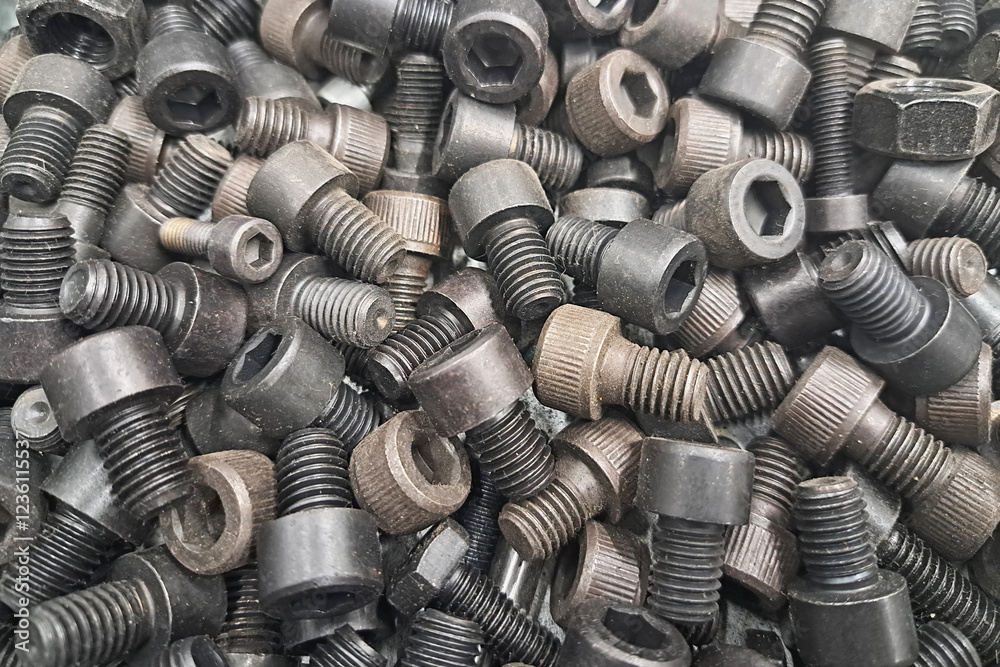 Large black metal screws texture. Industrial steel bolts with deep ...