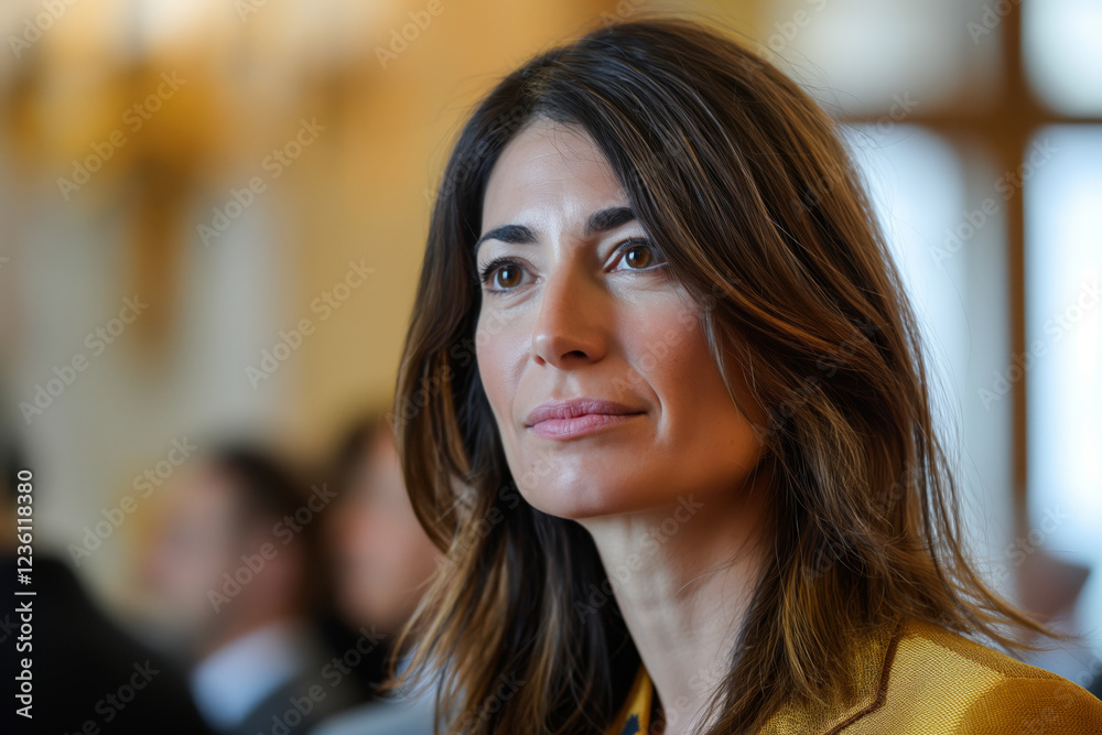 40-year-old Italian female politician, wearing a gold suit at an ...