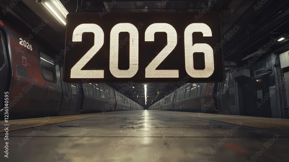 Large Digital Countdown Display for 2026 at a Modern Subway Station ...