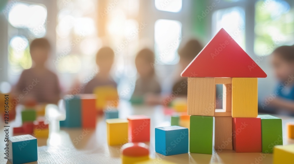 Children playing with colorful building blocks, creating a house ...