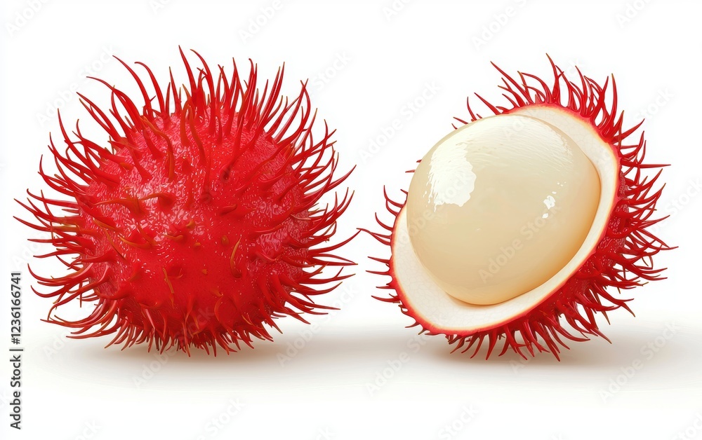 Whole and cut-open rambutan with red spiky shell and translucent juicy ...