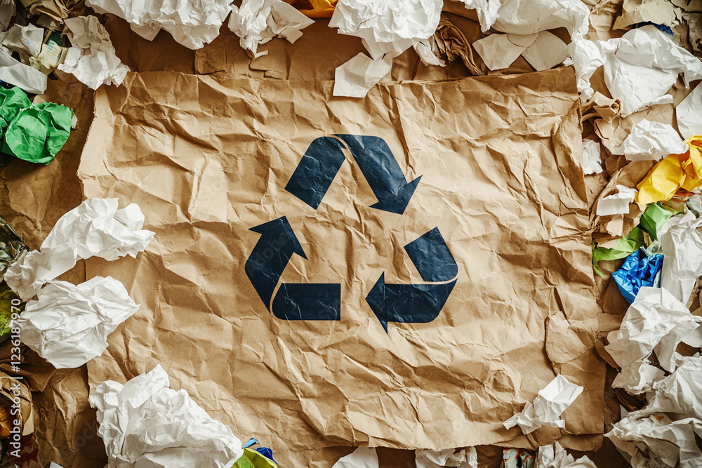 Crumpled paper around a recycling symbol on brown paper bag ...