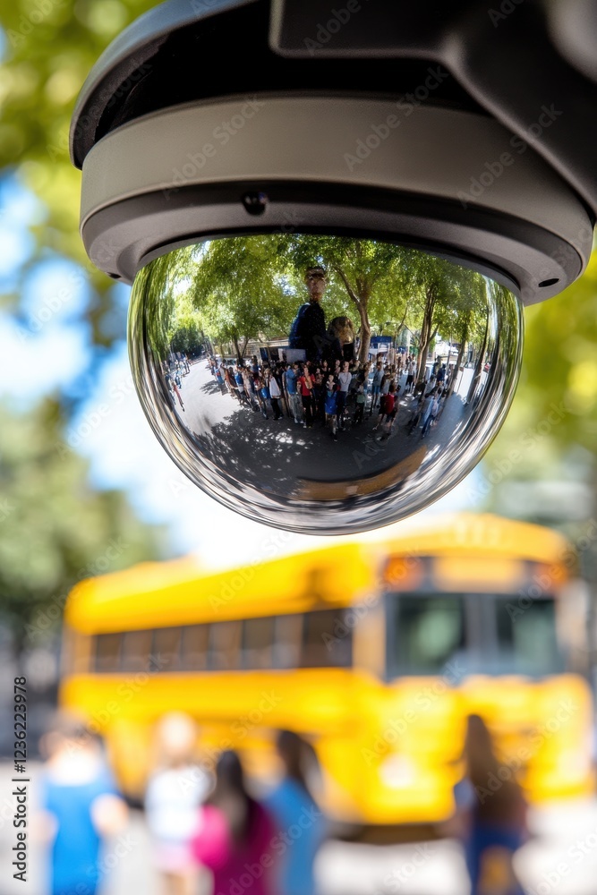 Surveillance camera monitoring school bus drop-off area with students ...
