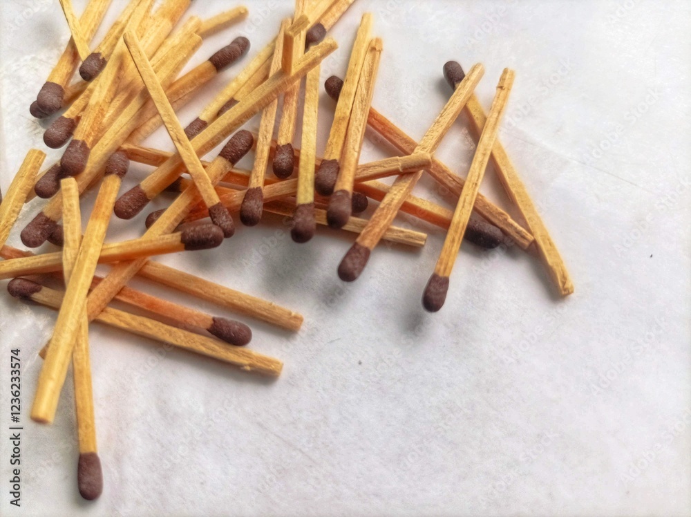 Detail closeup of the matchstick pile texture and matchbox design. A ...
