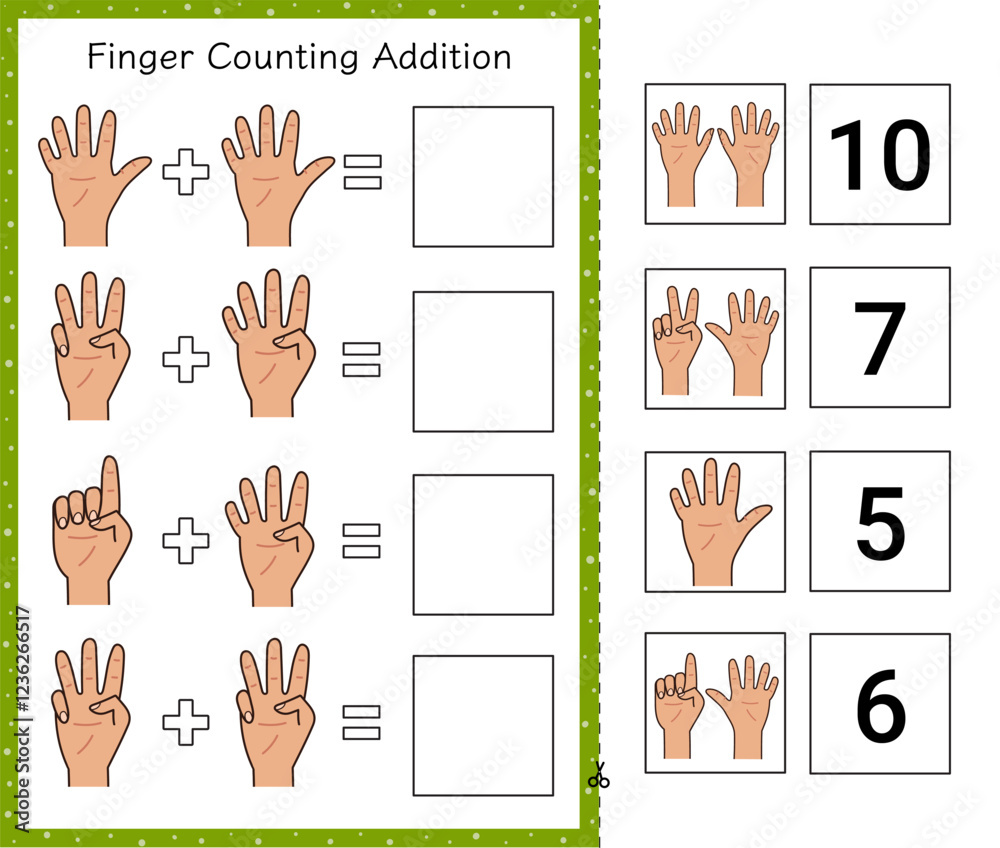 Addition worksheet for kids with finger counting. Early math activity page 1 to 10 for school ...