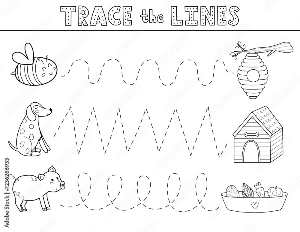 Trace the lines activity page in outline with cute farm animals ...