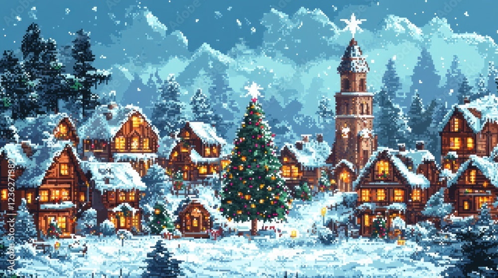 Pixel art Christmas village scene with snow, houses, tree, church at ...