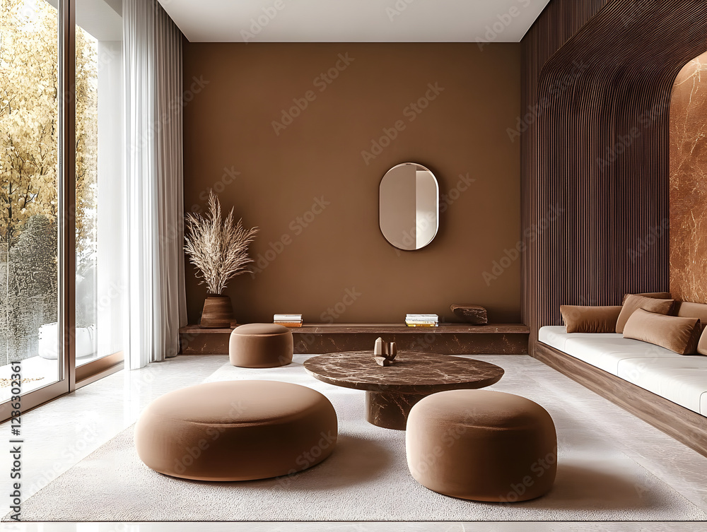 Living room interior in mocha mousse 2025 color trend. Lobby ...