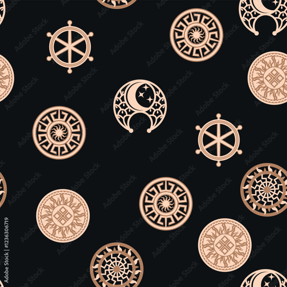 Seamless pattern ancient Slavic symbols. Star of the arkgamma, kolovrat ...
