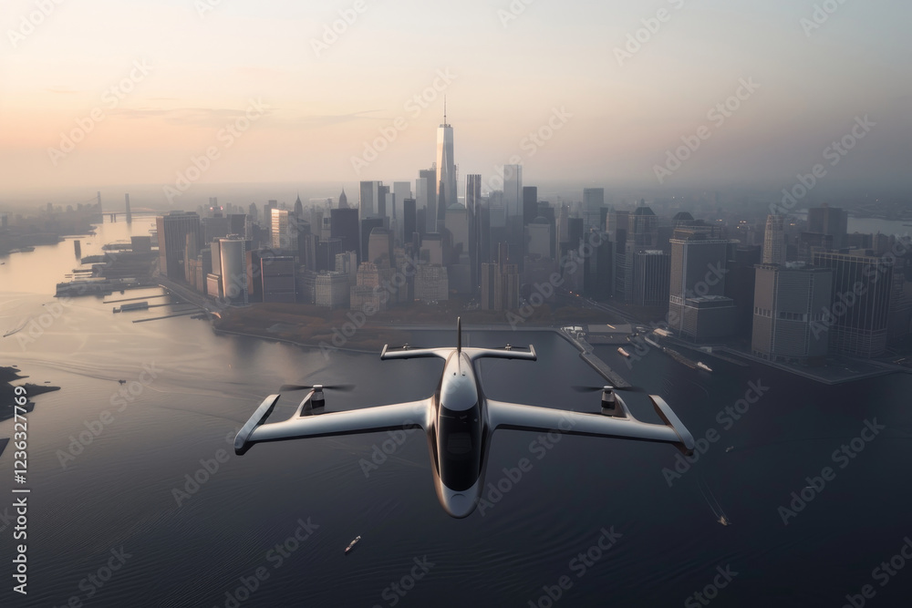 Innovative electric VTOL aircraft soaring through modern cityscape ...