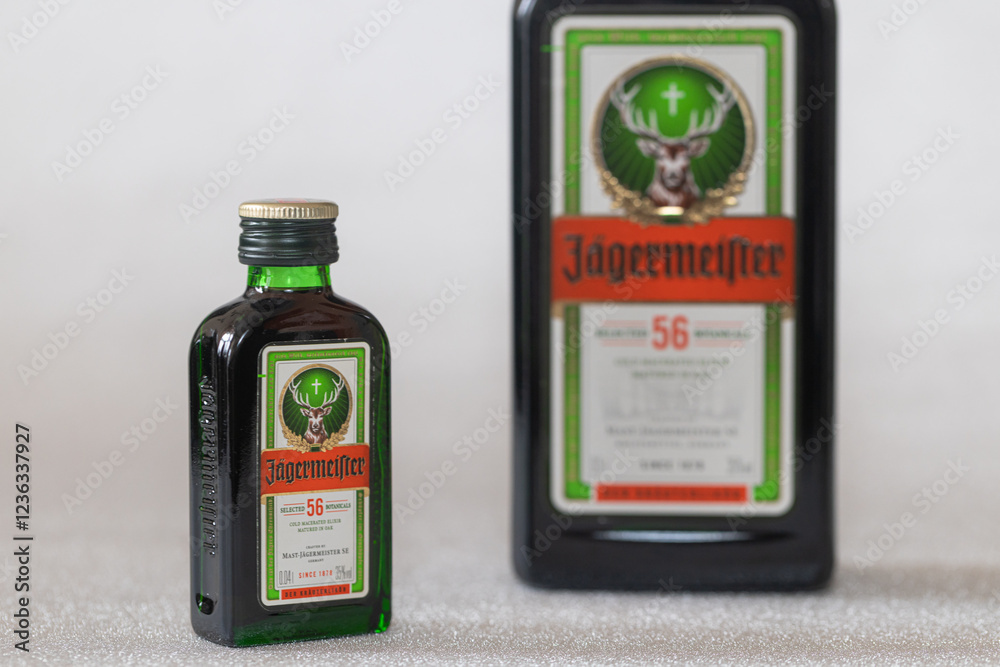 Jägermeister bottle, German digestive drink made with 56 herbs and ...