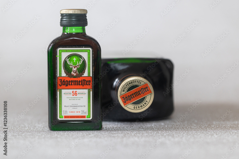 Jägermeister bottle, German digestive drink made with 56 herbs and ...