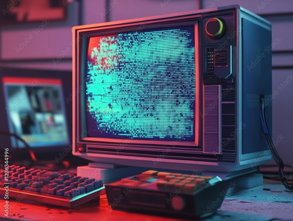 The image shows an old analog computer monitor with pixelated images on ...