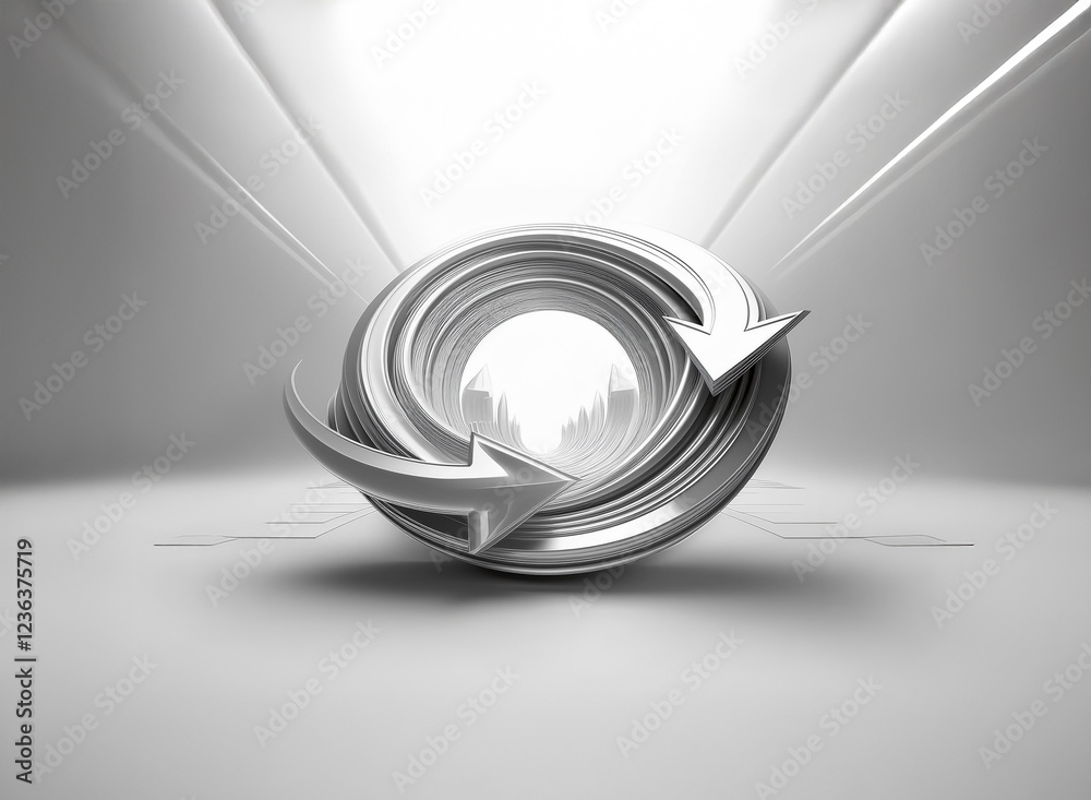 A sleek, silver, circular sculpture with arrows suggesting continuous ...