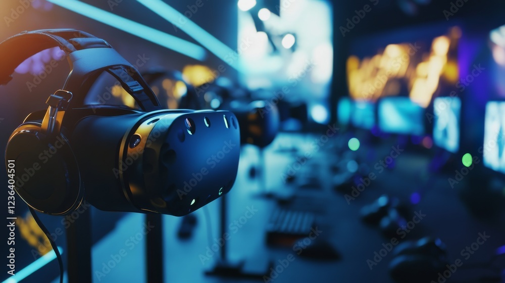 Virtual reality gaming studio, futuristic setting with VR headsets and ...