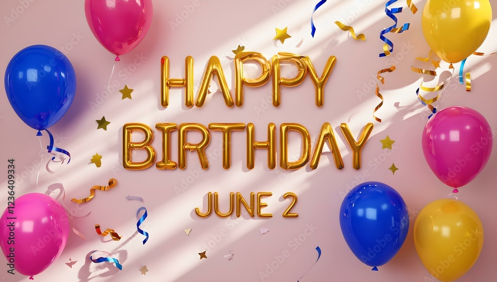 "Happy Birthday June 1st" celebratory birthday card with gold balloons ...