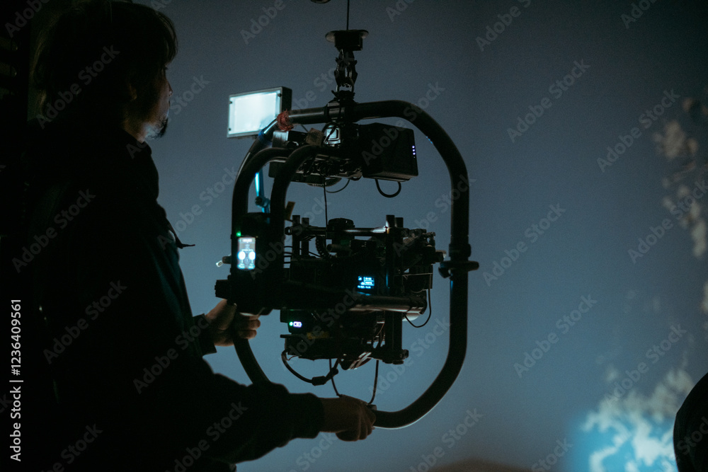Professional cinema and video camera on the set. Shooting shift ...