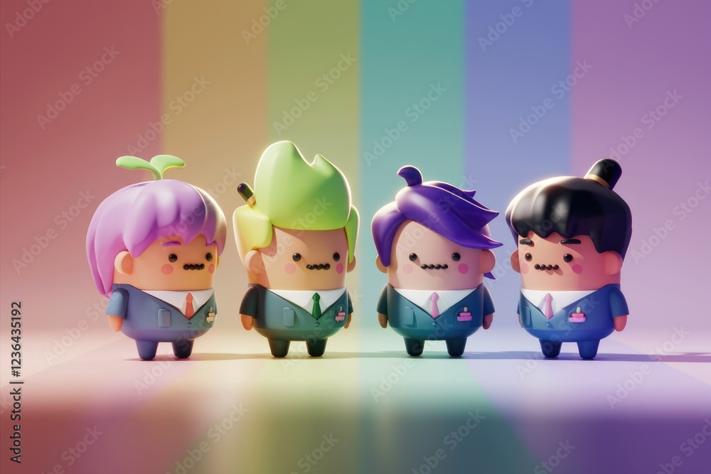 Four adorable chibi characters in suits, diverse hairstyles and pastel ...