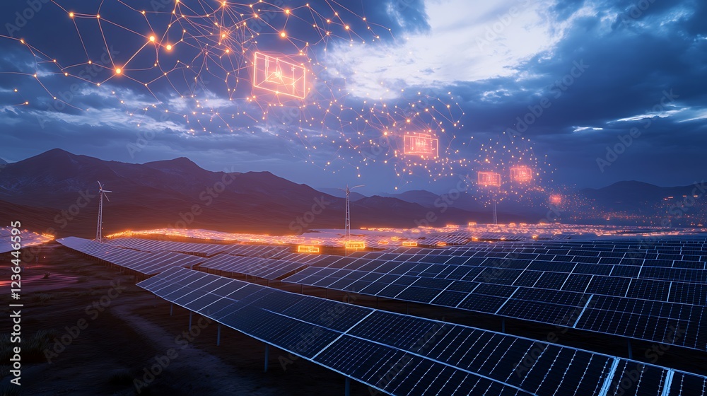 A sprawling solar farm with AI-powered monitoring systems visualized as ...