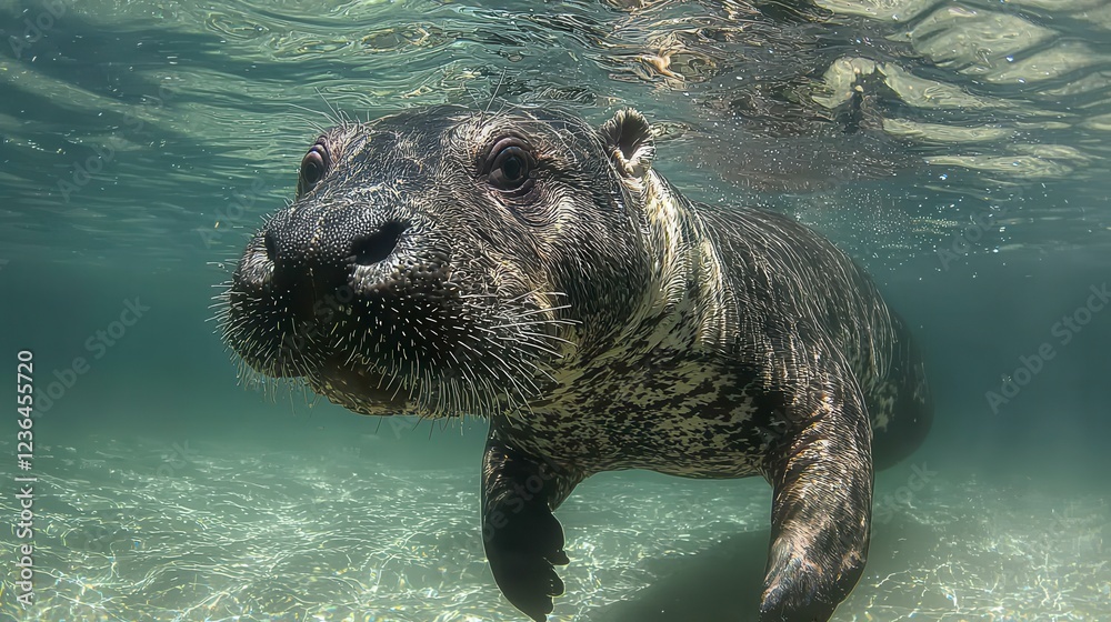 Pygmy hippo underwater, shallow water, sunny day, aquatic wildlife ...