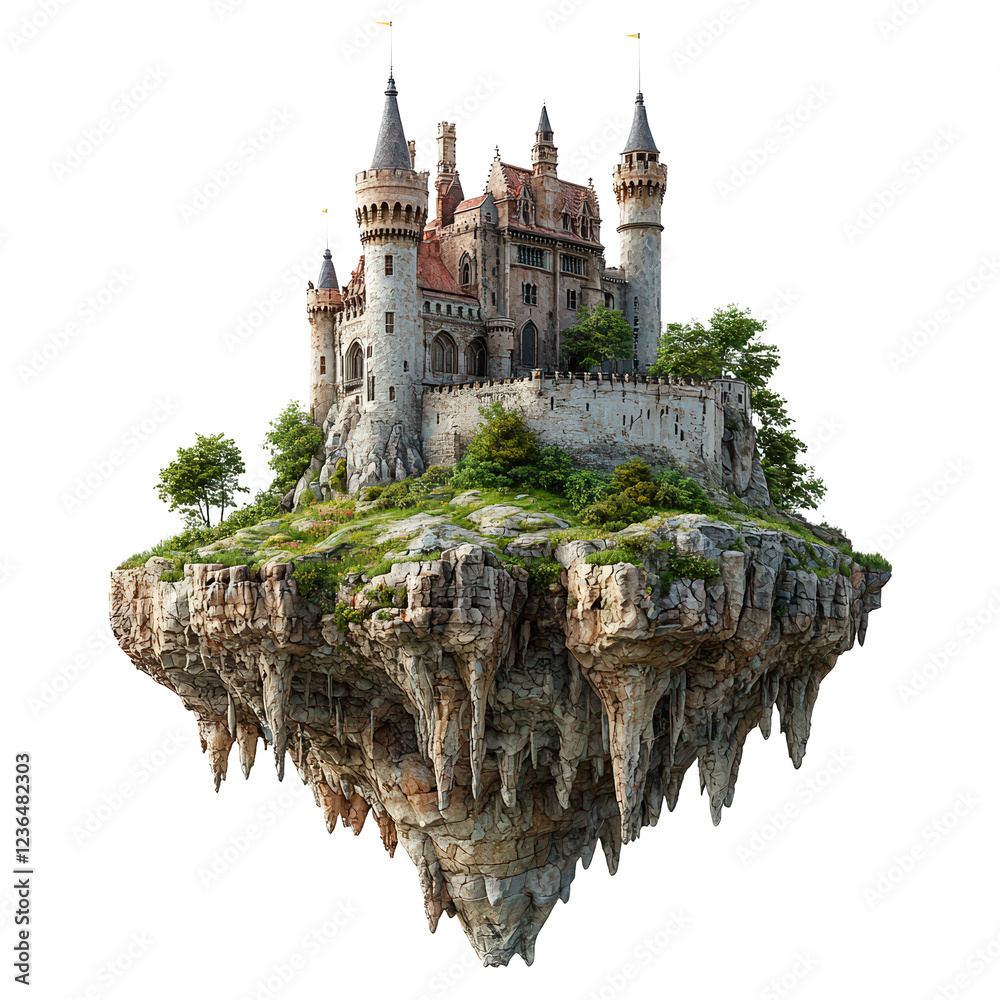 Enchanted Castle on a Floating Island Isolated on Transparent ...