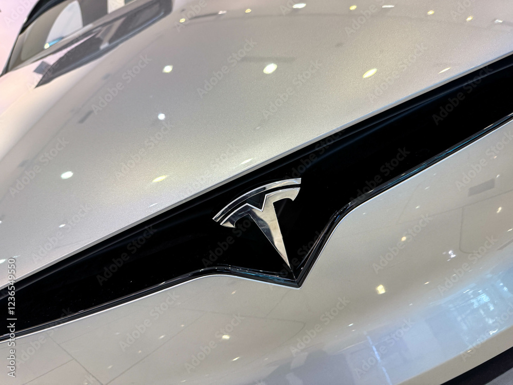 The new logo of the Tesla Model X car in a Tesla showroom in silver ...