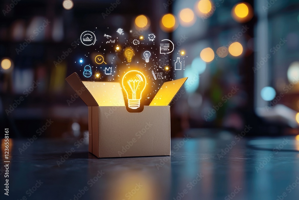 Open cardboard box with glowing light bulb and creative icons ...