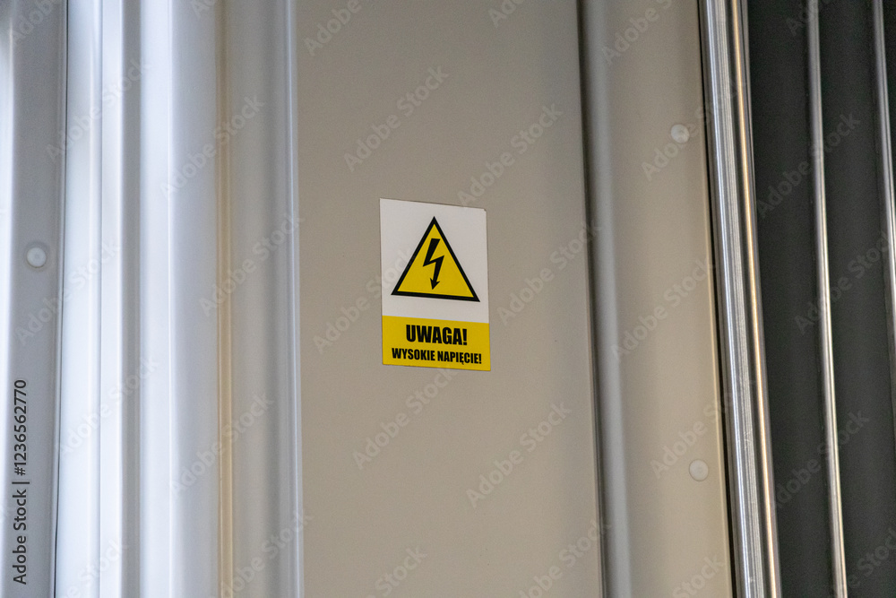 warning sign with high voltage symbol on a metal wall yellow and black ...
