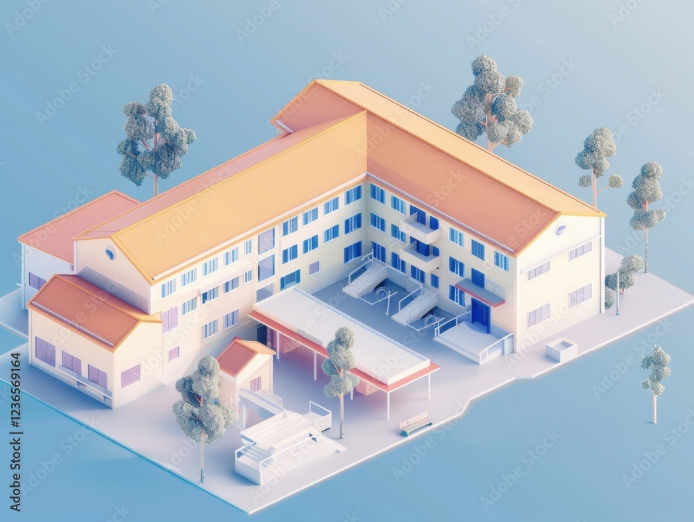 Isometric 3D-rendered icon of a school building designed as an iconic ...