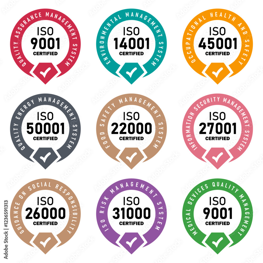 ISO Certification Badge Set - ISO 9001, 14001, 45001, 50001, 22000, 27001, 26000, 31000 Seals ...
