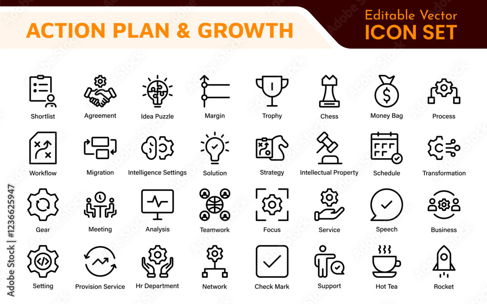Line icons about action plan. Contains such icons as search strategy ...