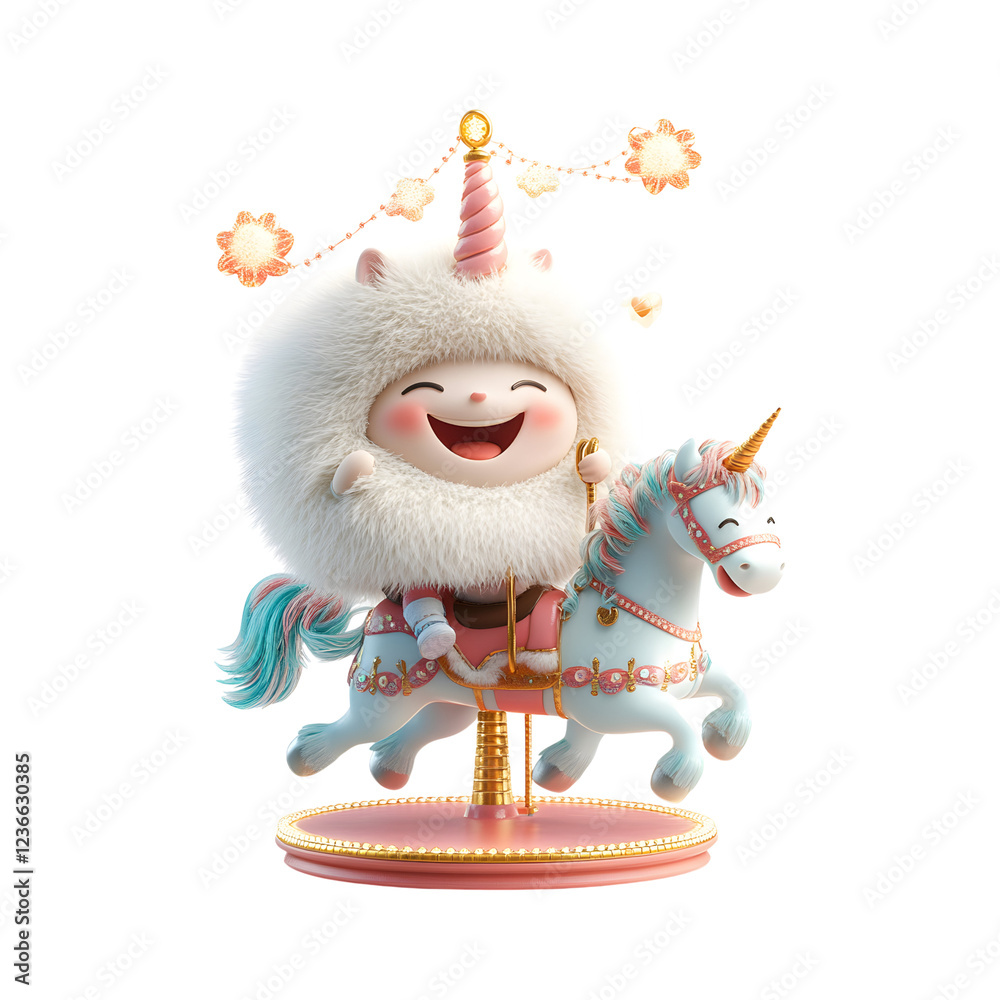 Fluffy 3D Cartoon Unicorn Riding a Glowing Carousel Isolated on ...