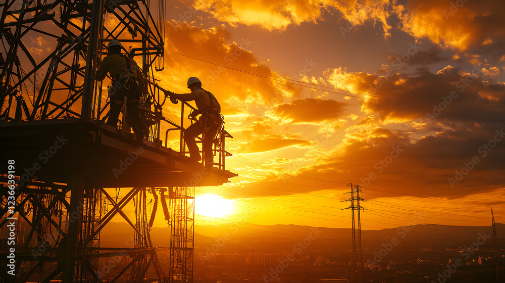 Silhouetted workers maintaining a power grid structure at sunset ...