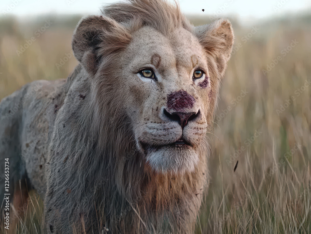 Battle-scarred lion with a bloodied nose standing in the wild African ...