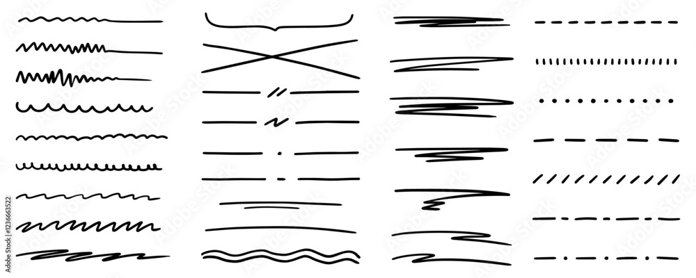 Set of abstract curved hand drawn lines, underline, highlight lines ...