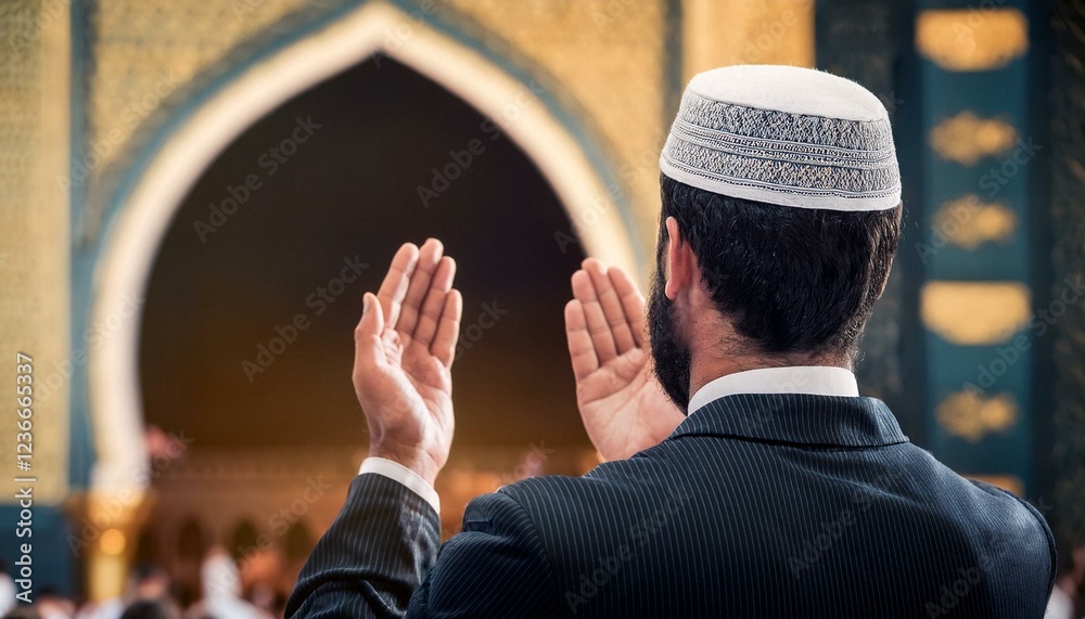 Muslim hands praying to God in front of Kaaba. Back view of young ...