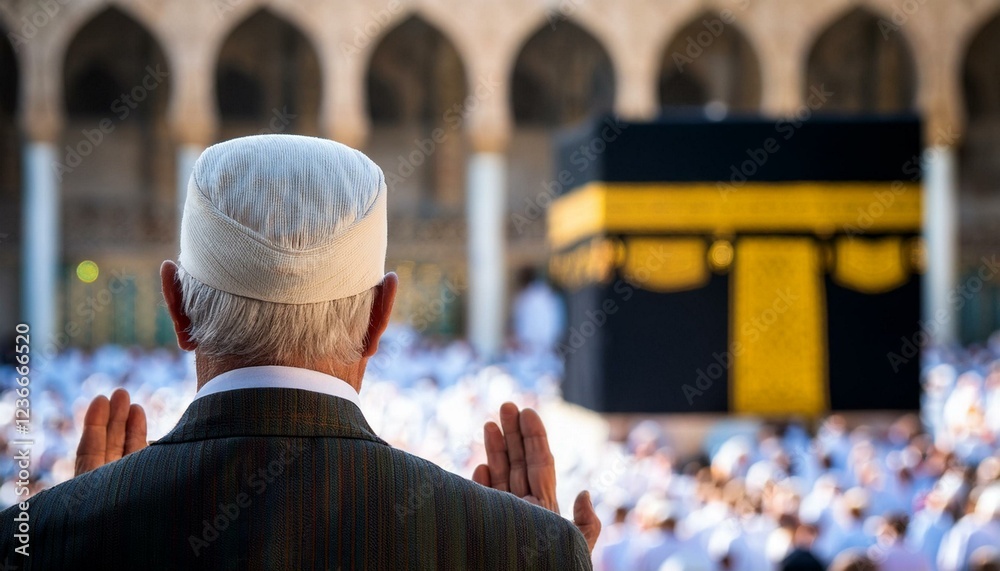 Muslim old man praying at blurred background of Kaaba in Mecca. Back ...