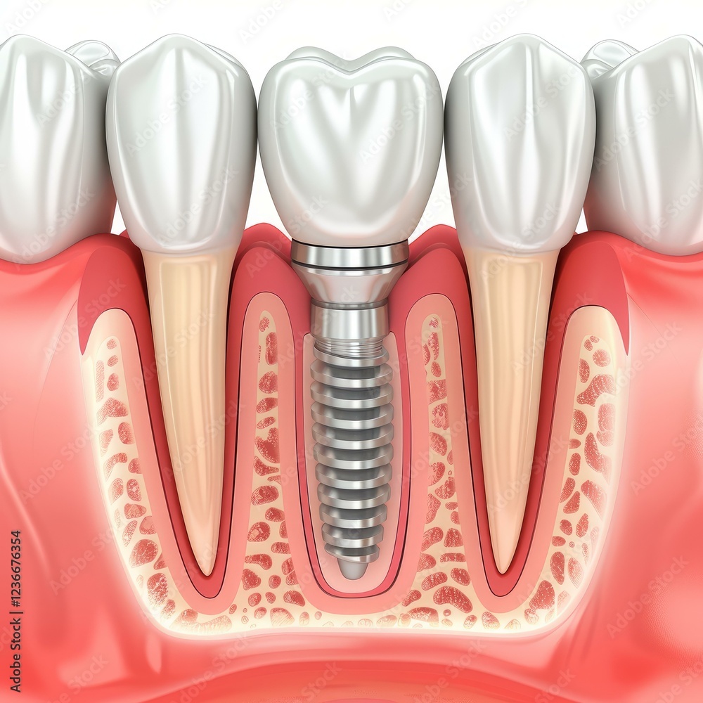 Cross section of jaw bone showing dental implant integrating with ...