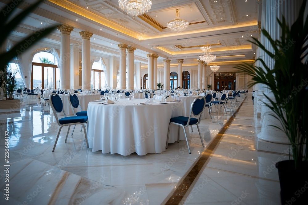 Elegant Ballroom Setup with Round Tables for Formal Event or Wedding ...