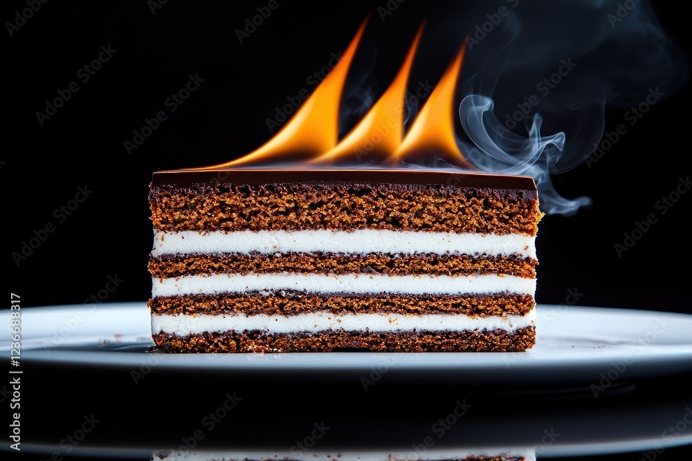 hot spicy cake Concept. A layered cake with flames on top, creating a ...