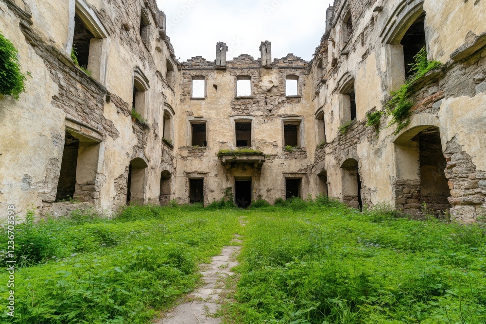 Horror ruins concept. A decaying, overgrown building interior with ...