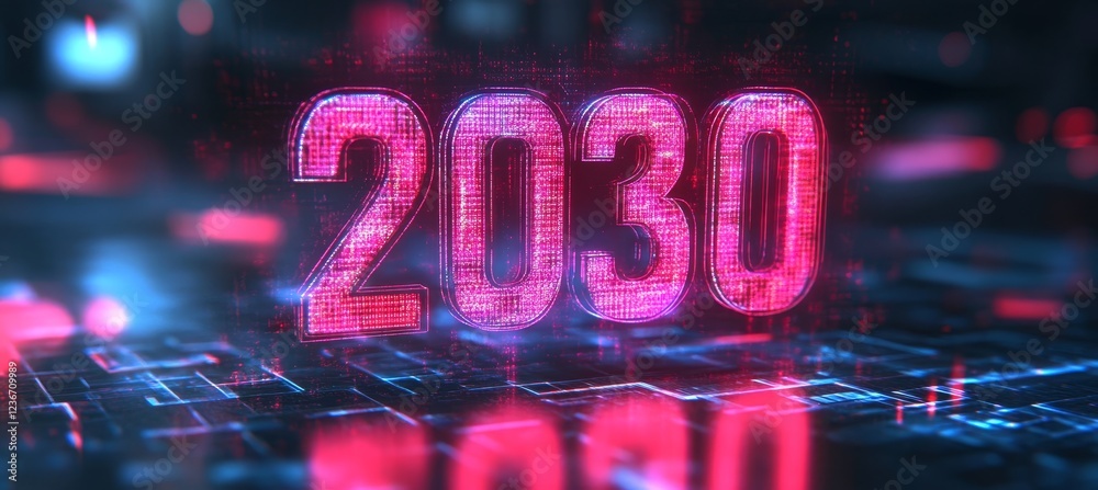Glowing Holographic 2030 Numbers on Technology Background with ...