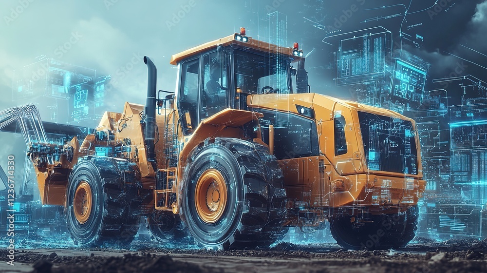 Foto de Stock Smart construction vehicles operating autonomously with ...