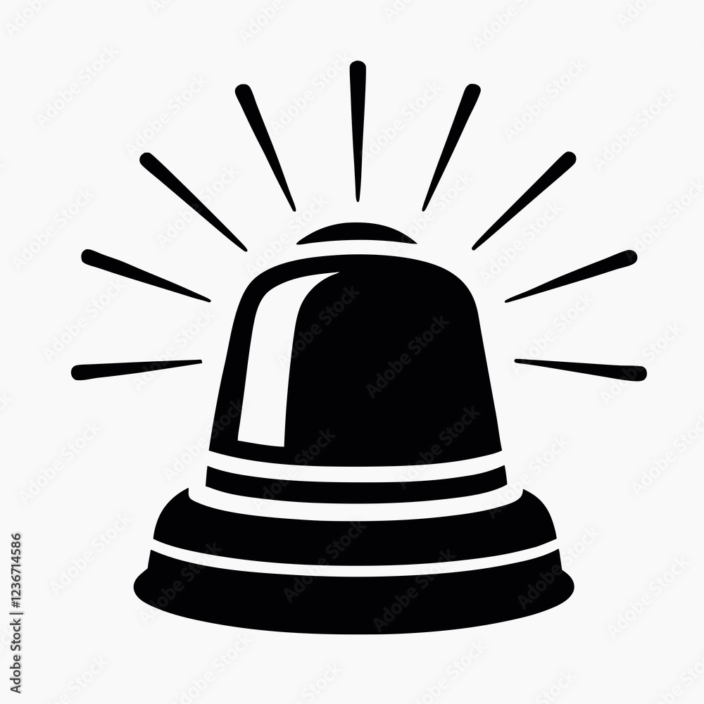 Bell-shaped police siren with radiating light beams. Simple black and ...