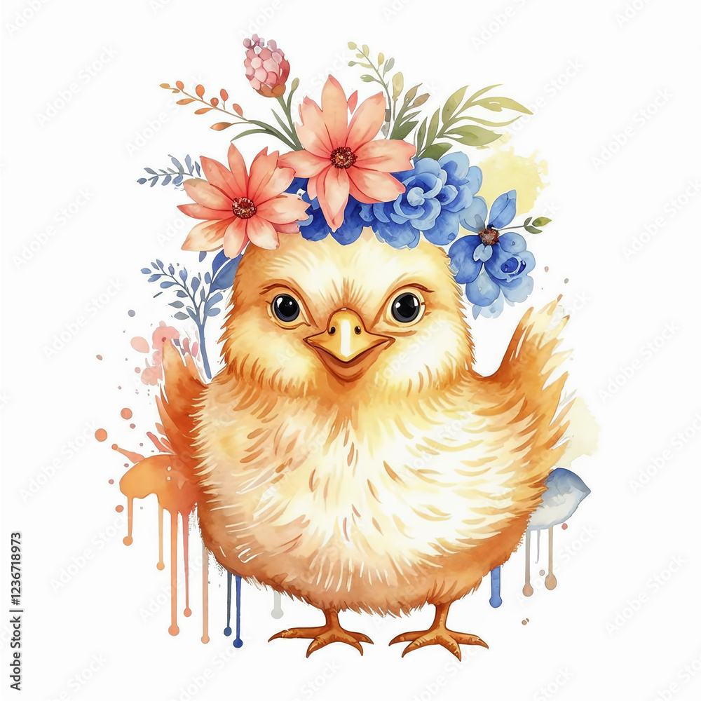 cute little chicken with flowers on its head, Easter symbol, spring ...