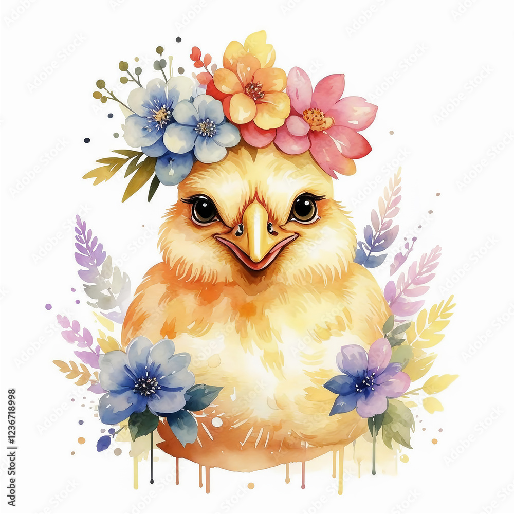 cute little chicken with flowers on its head, Easter symbol, spring ...