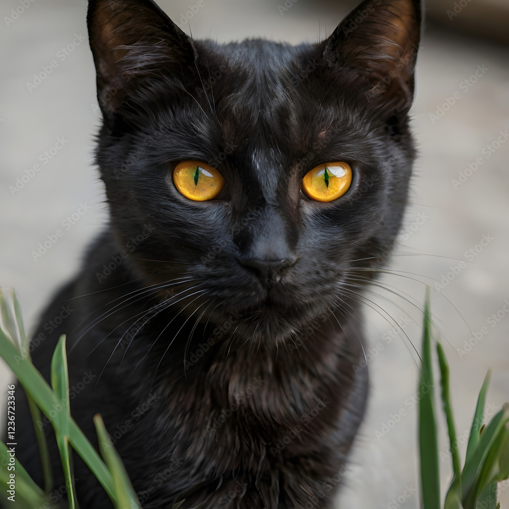 Black Cat with Golden Eyes: A striking black cat with piercing golden ...