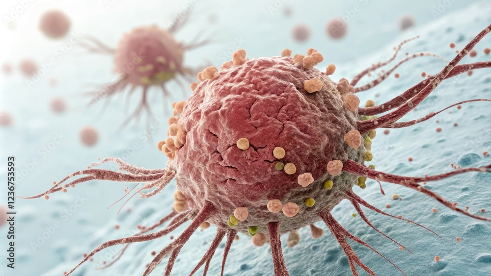 High-resolution image of a cancer cell with visible signs of viral ...